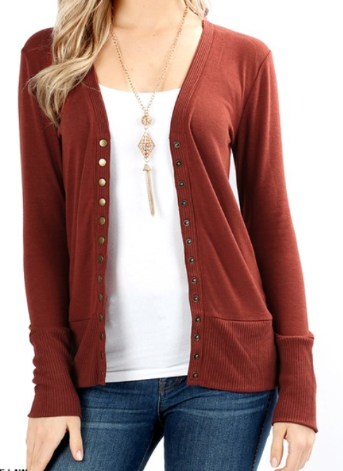 East/West Dark Rust Snap Cardigan | Classy & Chic Boutique
